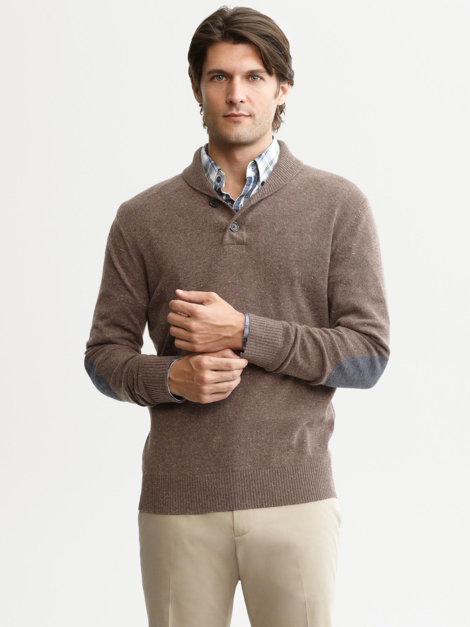 Extra-fine merino buttoned shawl-collar pullover | Banana Republic