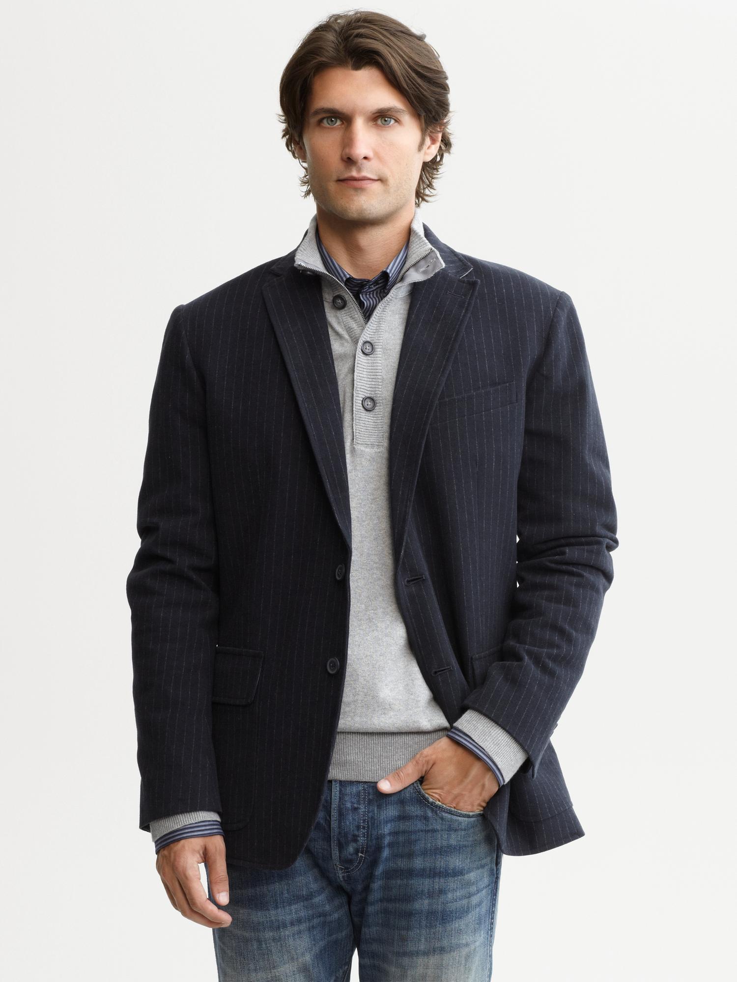Navy pinstripe cotton two-button blazer | Banana Republic