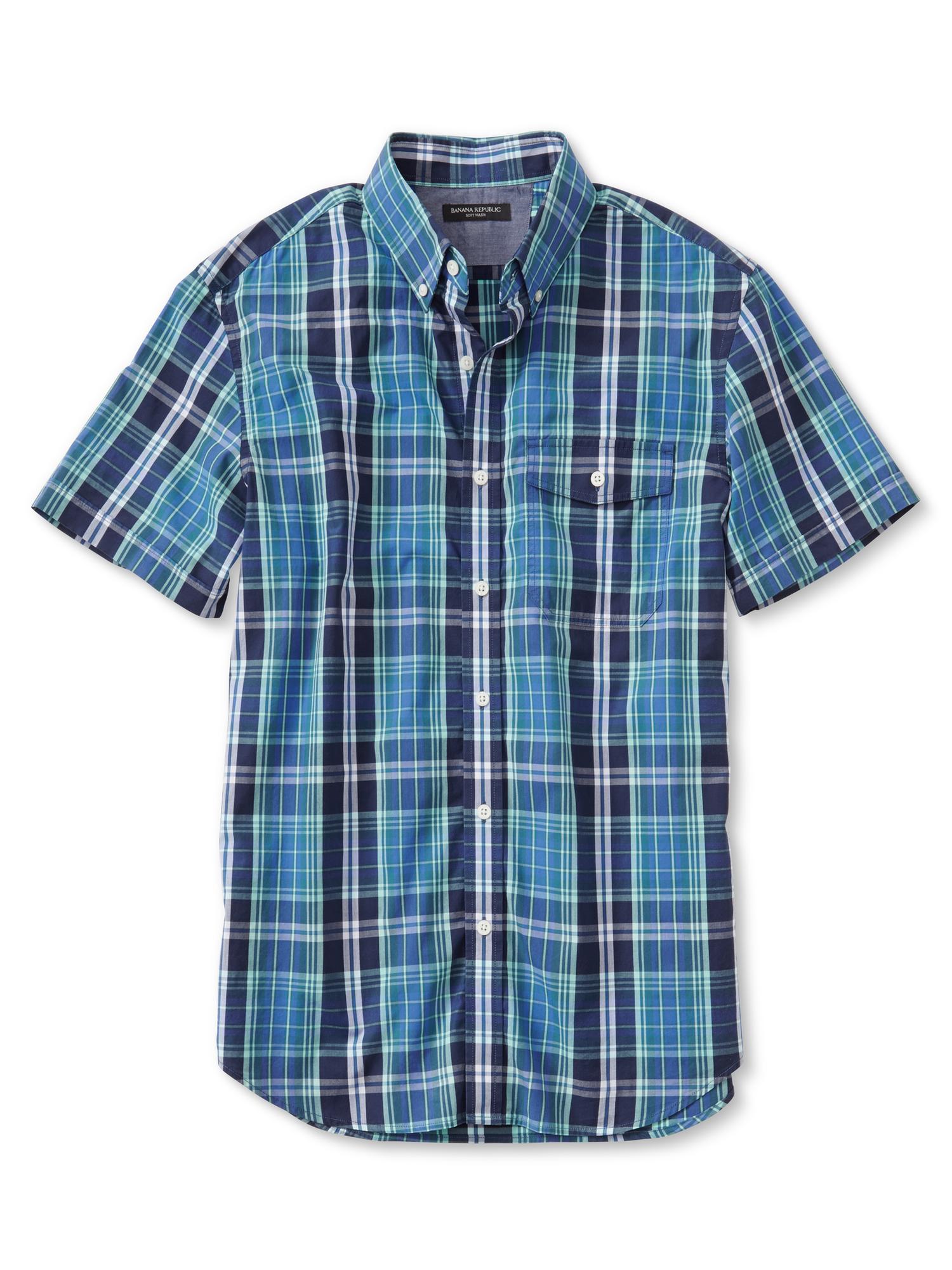Soft-Wash Blue Check Button-Down Short-Sleeve Shirt | Banana Republic