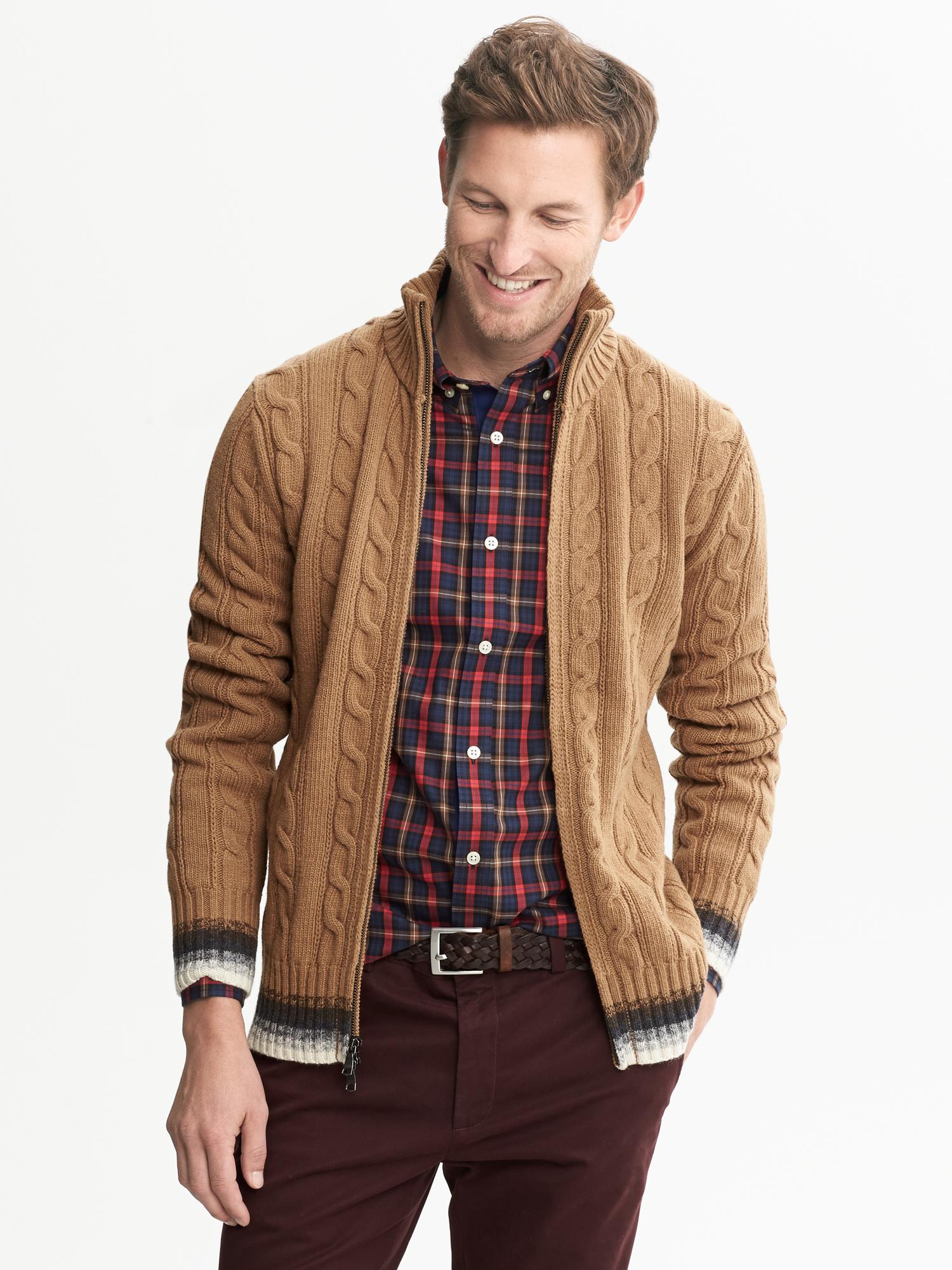 Modern Striped Cable-Knit Zip Cardigan | Banana Republic