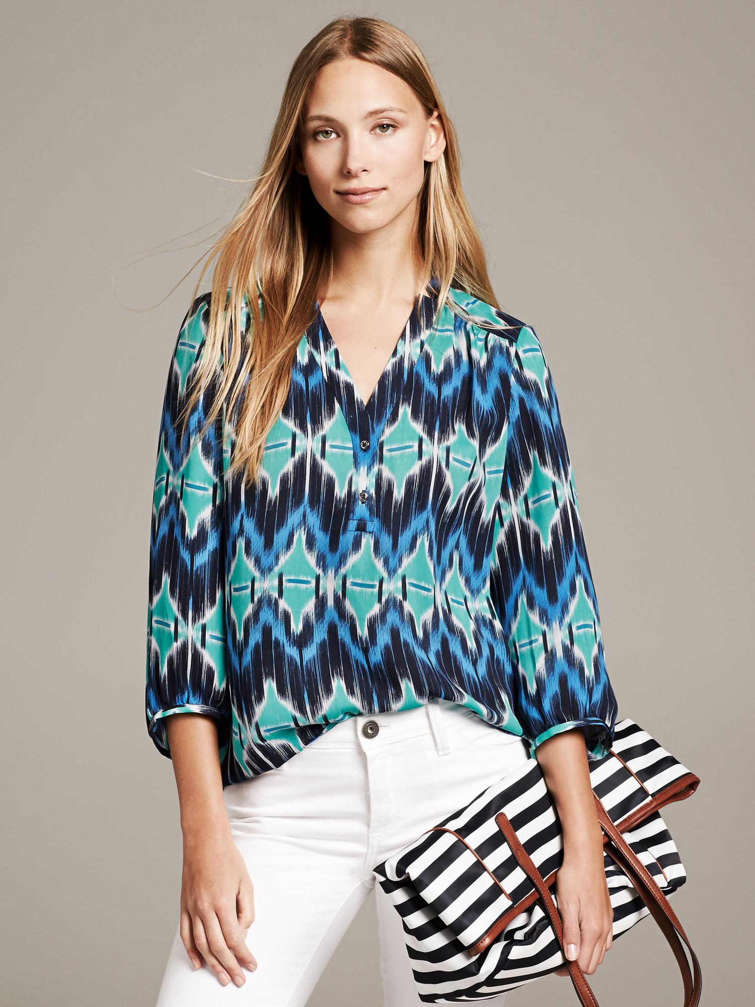 Blue Ikat Print Riviera Blouse | Banana Republic