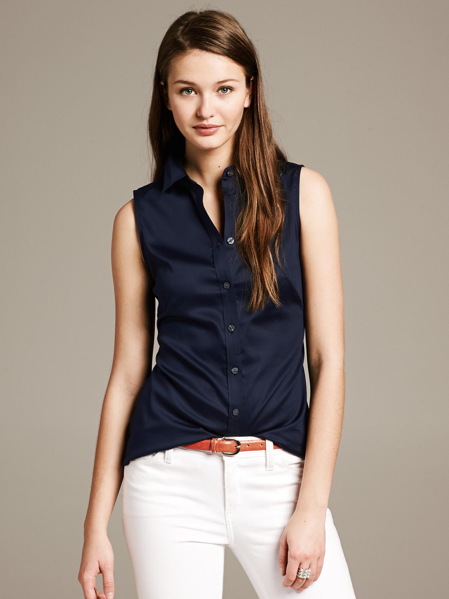Fitted Non-Iron Navy Sleeveless Shirt | Banana Republic