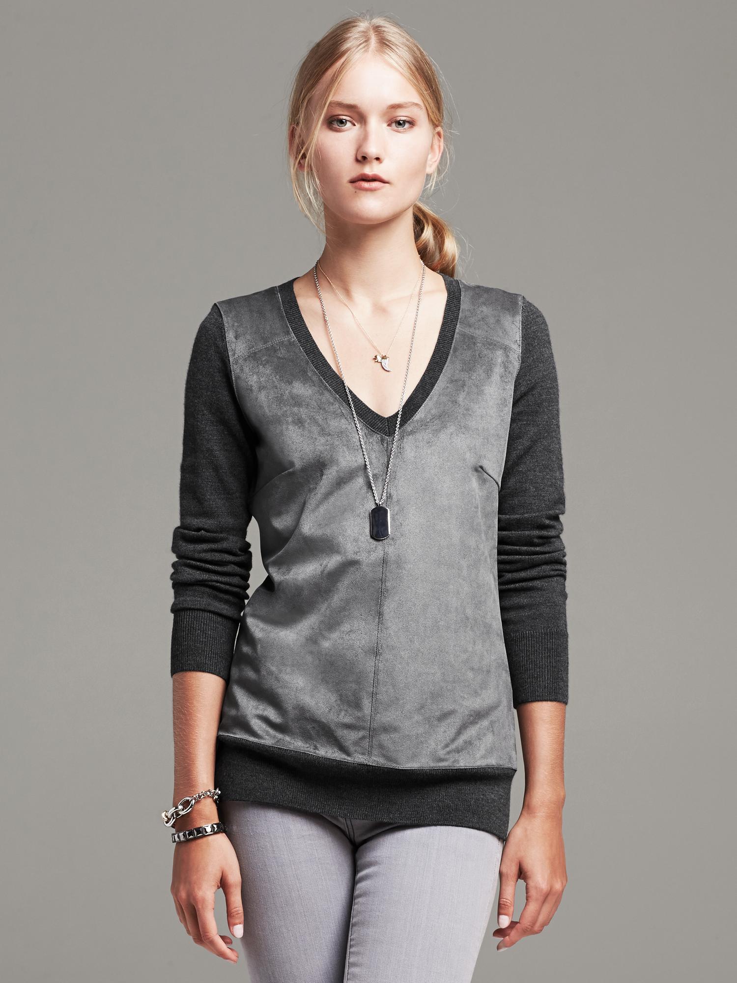 Faux-Suede Front Vee Pullover | Banana Republic