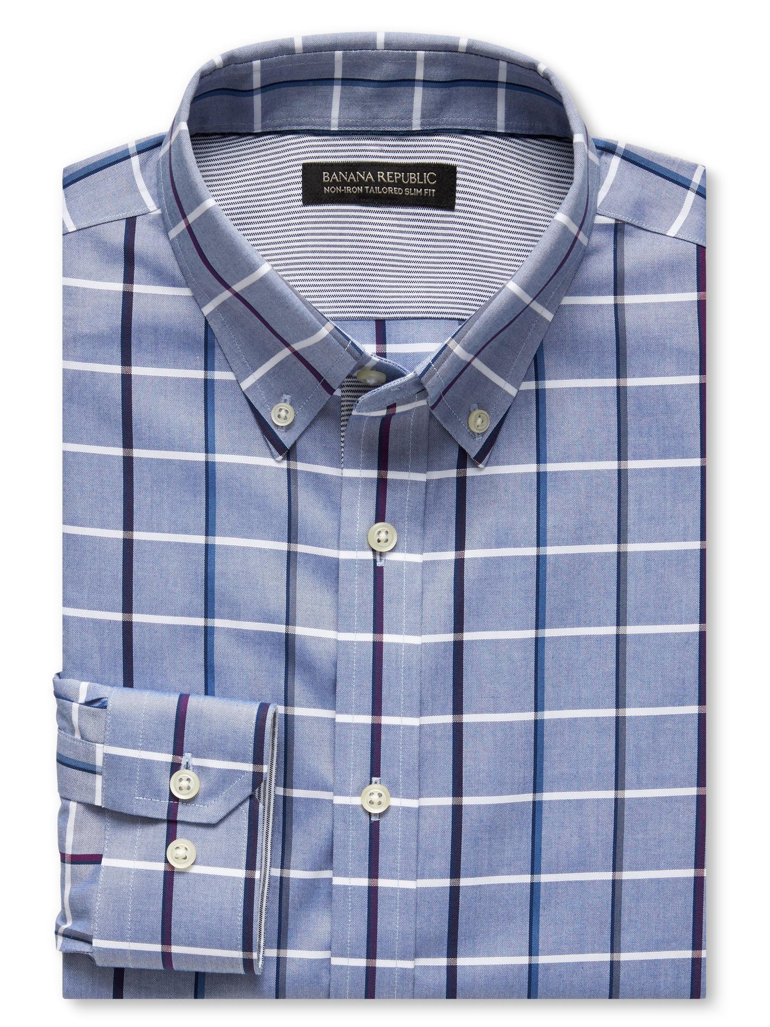 Tailored Slim-Fit Non-Iron Blue Large Check Shirt | Banana Republic