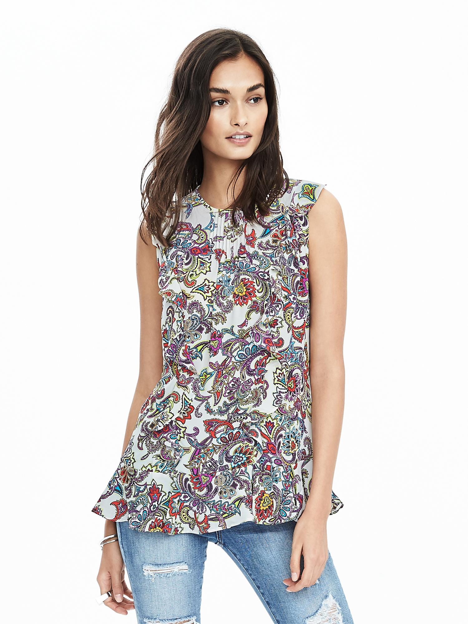 Paisley Pintuck Ruffle Top | Banana Republic