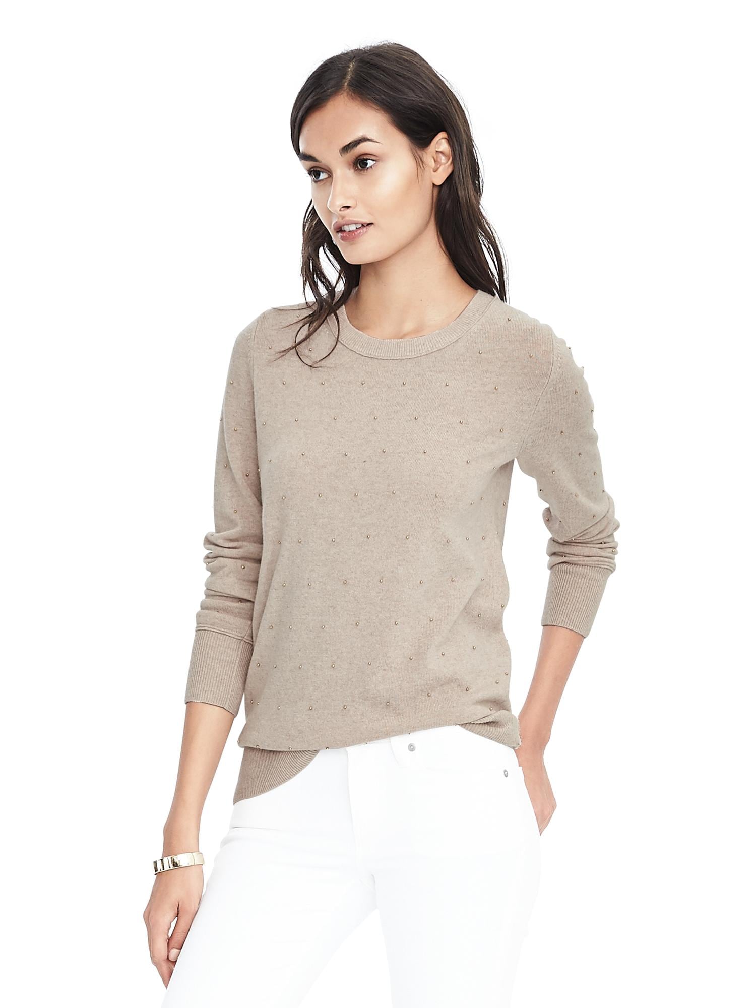 Italian Cashmere Blend Beaded Crew Neck Sweater | Banana Republic
