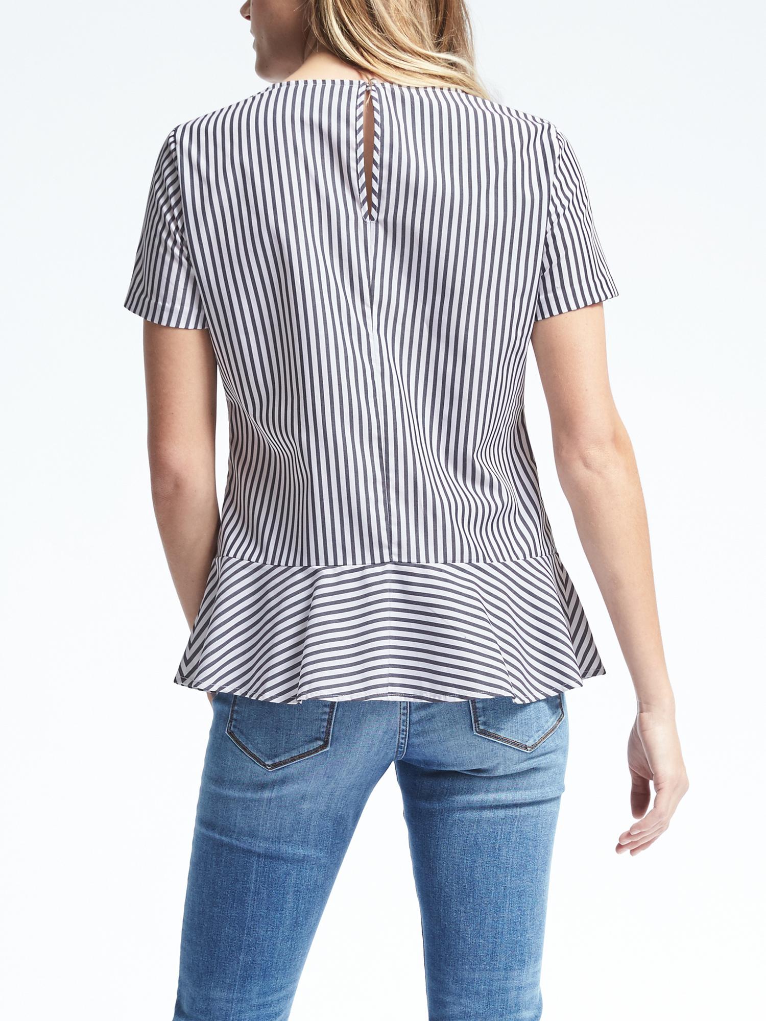 Navy Short-Sleeve Peplum Crew Neck Top | Banana Republic