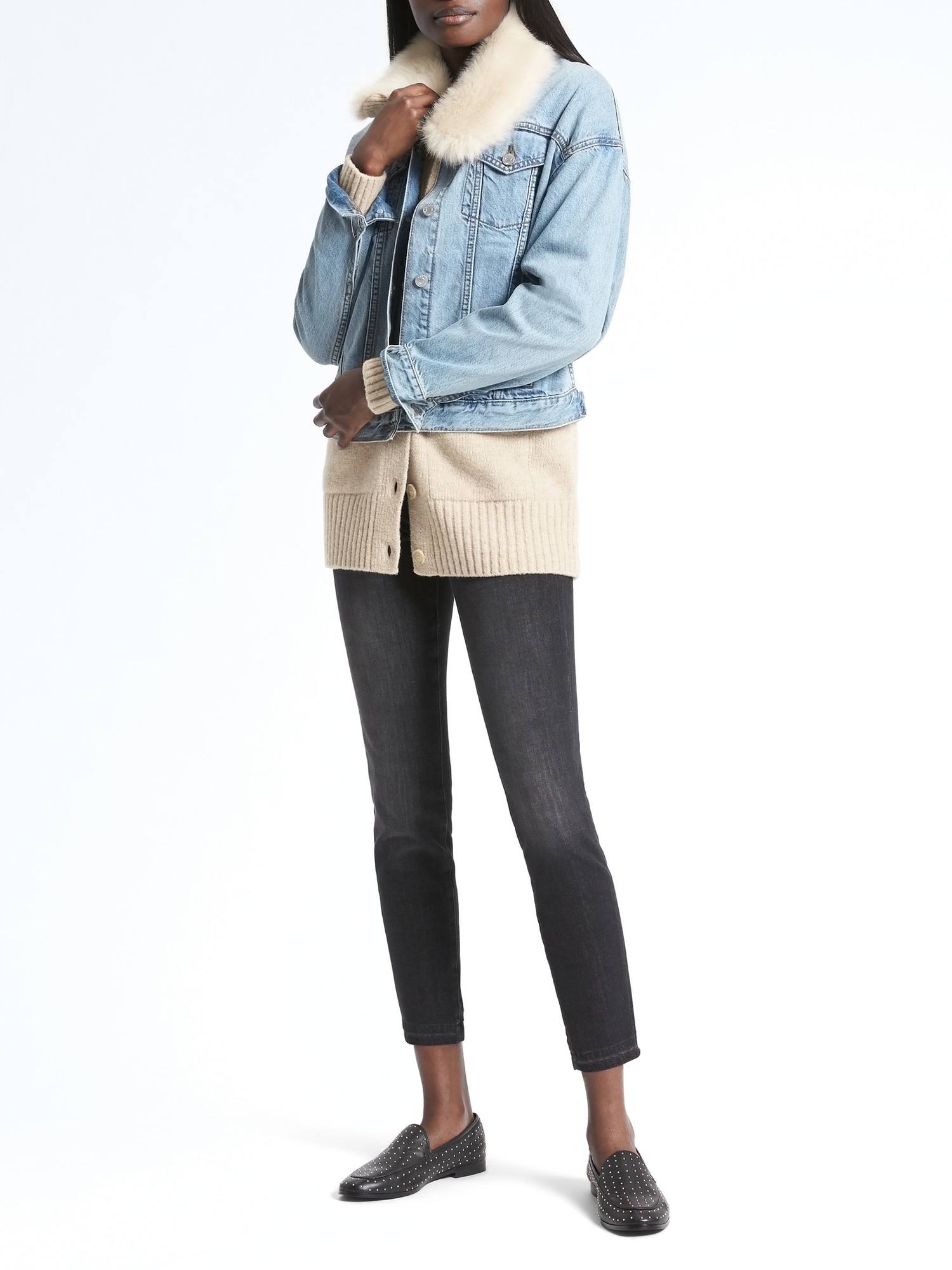 Merino-Blend Boyfriend Cardigan with Removable Faux Fur Collar | Banana ...
