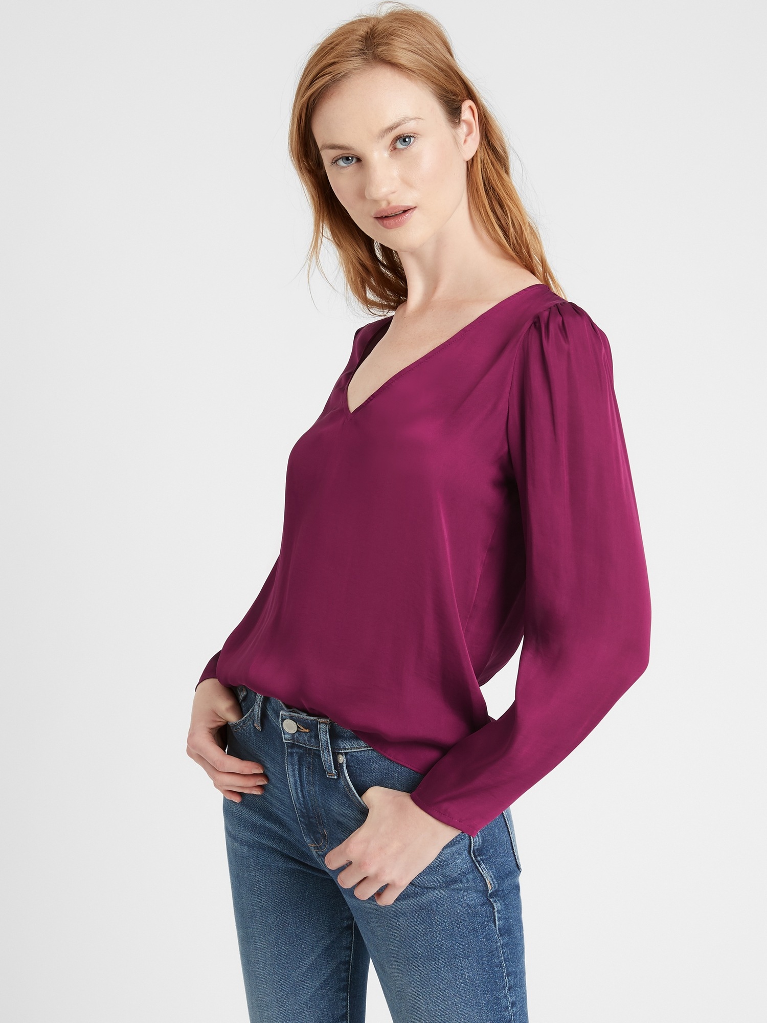 Soft Satin Puff-Sleeve Top | Banana Republic