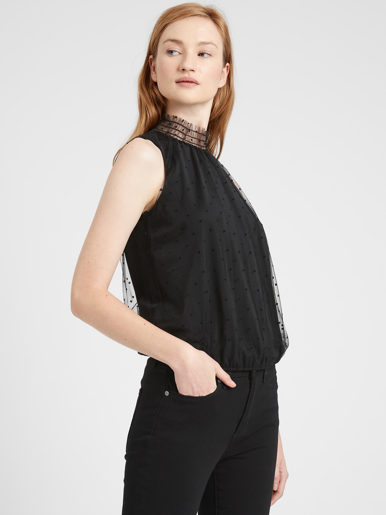 High-Neck Cropped Tulle Top | Banana Republic