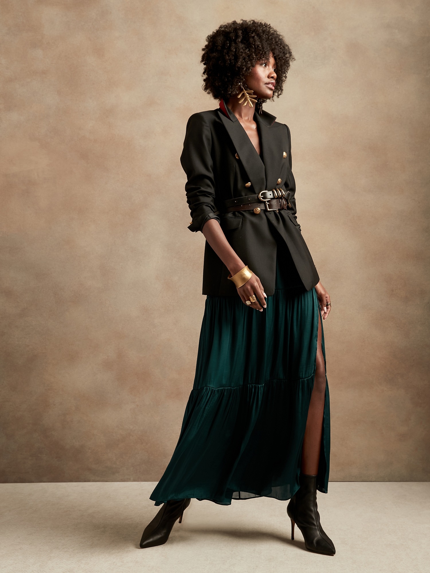 Tiered Soft Satin Skirt with Slit | Banana Republic