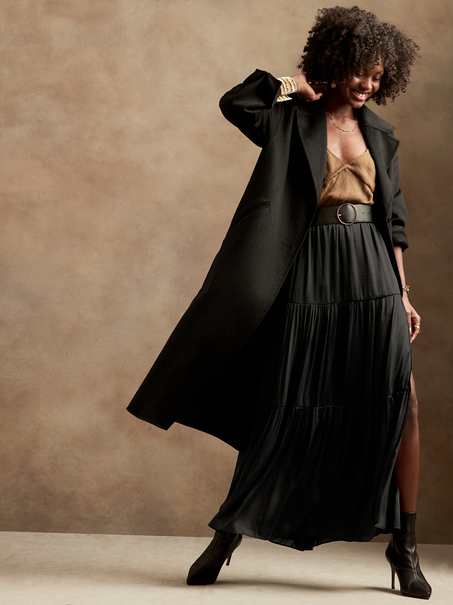 Tiered Soft Satin Skirt with Slit | Banana Republic