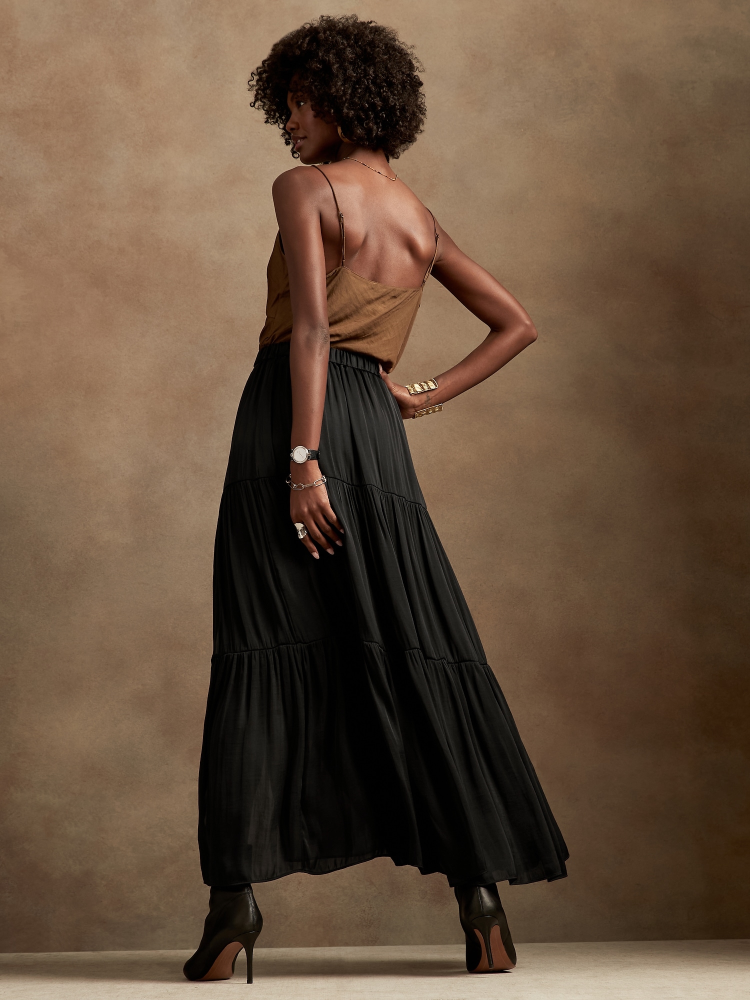 Tiered Soft Satin Skirt with Slit | Banana Republic