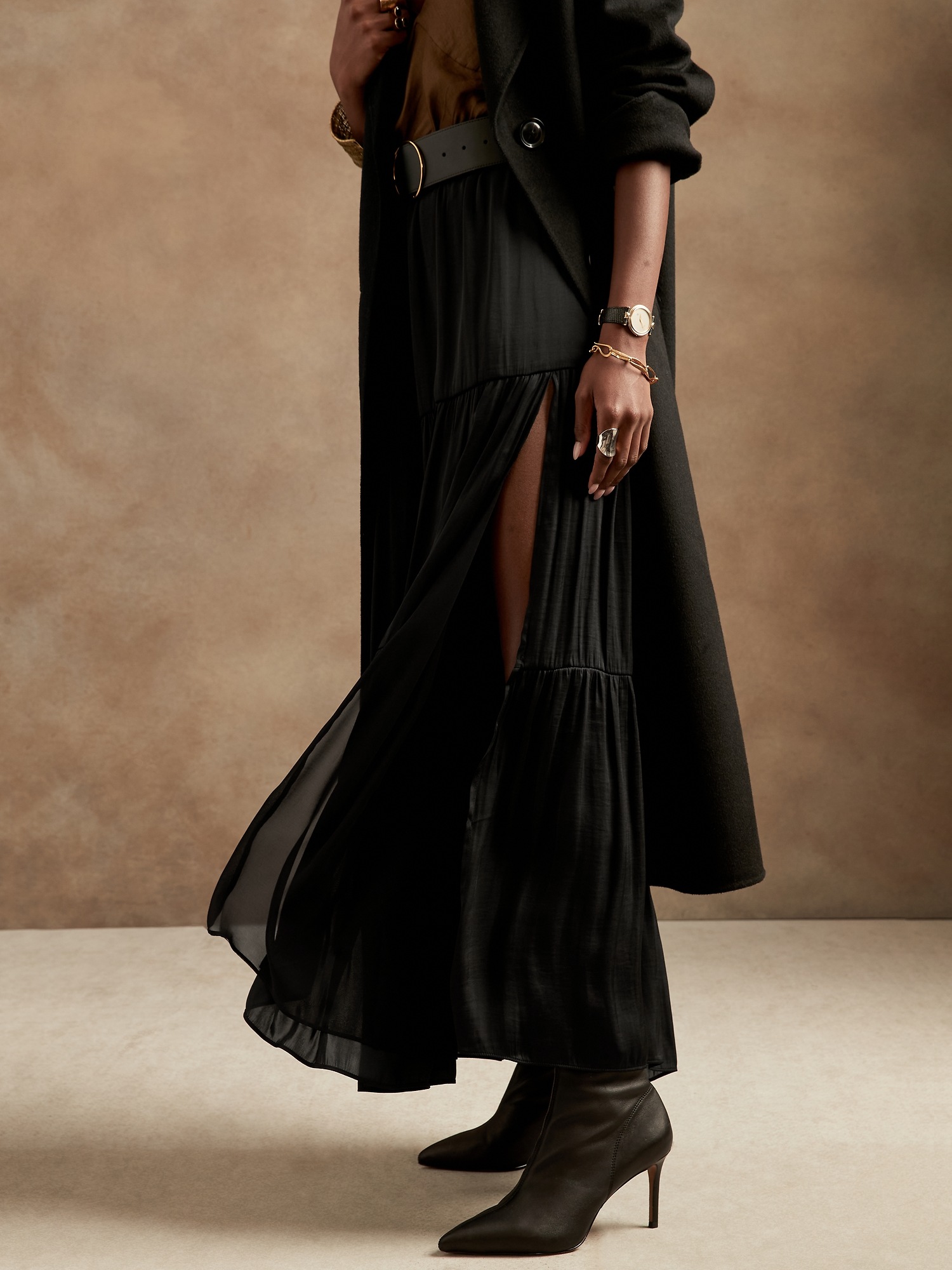 Tiered Soft Satin Skirt with Slit | Banana Republic