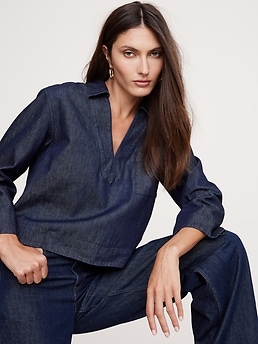Cropped Italian Denim Popover Top | Banana Republic